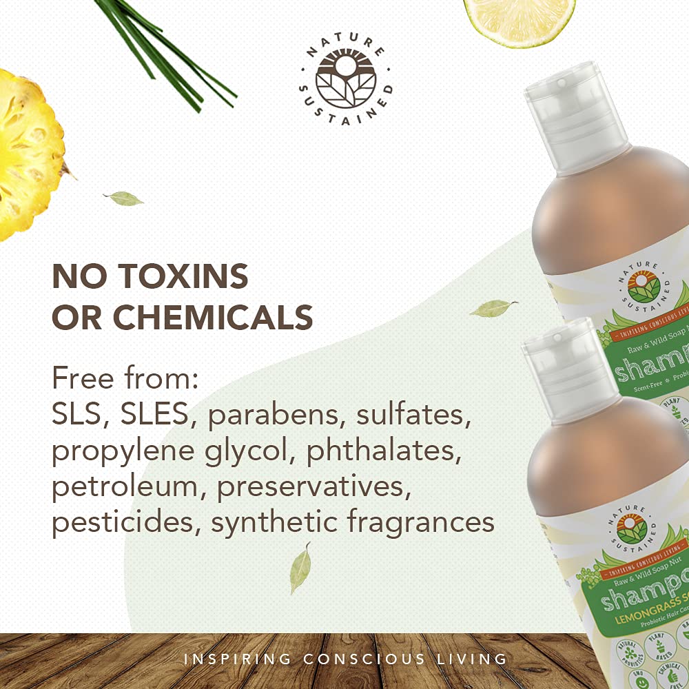 Nature Sustained Organic Shampoo - Raw & Wildcrafted with Probiotics, Hypoallergenic Natural & Sulfate Free Shampoo for Sensitive Scalp, Dry Hair, Dandruff, Eczema & Psoriasis, 9oz, Lemongrass