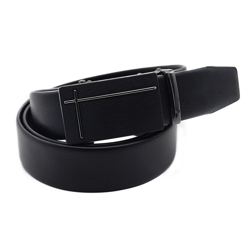 5MLGgoods Belt Men, Black Ratchet Leather Belt For Men, 11/8" Genuine Leather, With Easier Slide Buckle (Cross, Black, L:125cm)