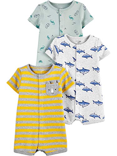 Simple Joys by Carter's unisex-baby Boys' 3-Pack Snap-Up Romper, Dinosaur/Rhino/Shark, 3-6 Months