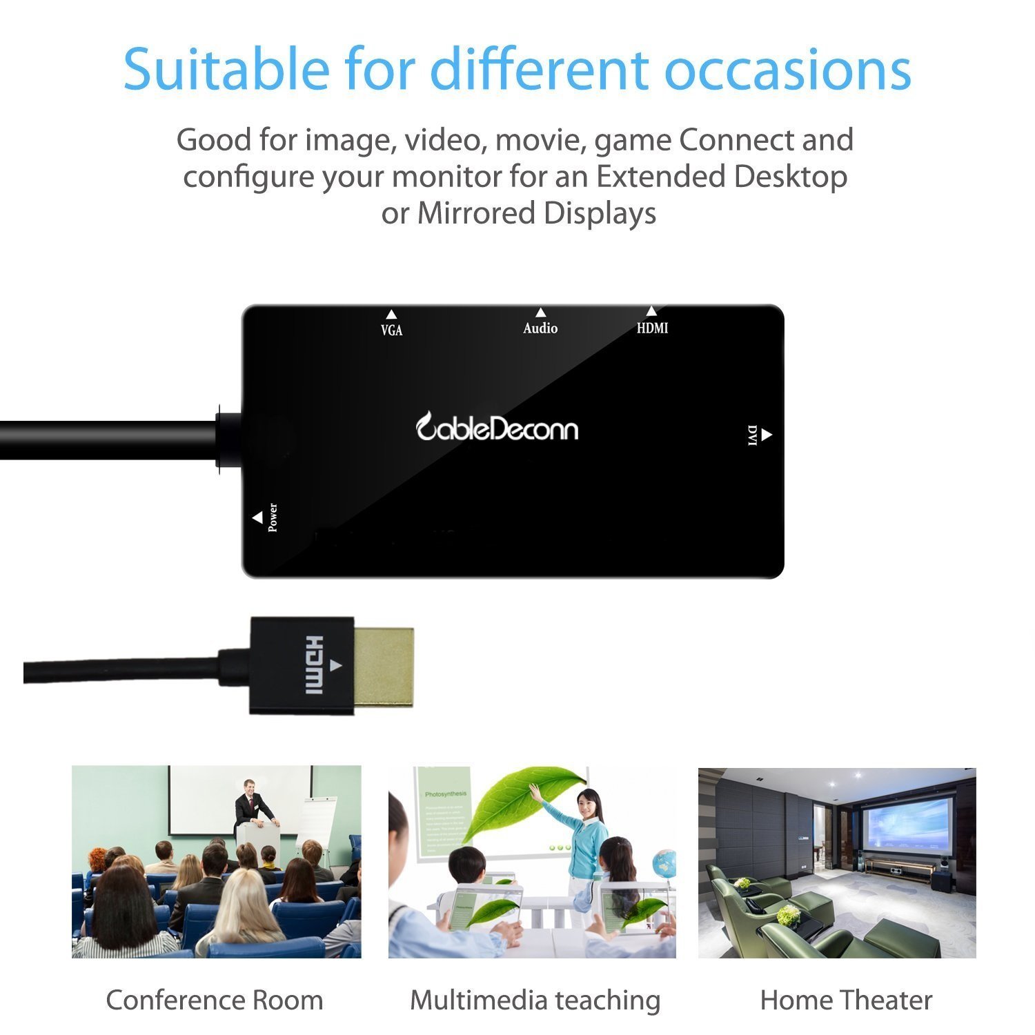 CABLEDECONN Multiport 4-in-1 HDMI to HDMI/DVI/VGA Adapter Cable with Audio Output Converter (Black)