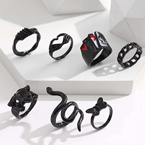 7 PCS Black Gothic Stackable Animal Rings Set for Women Girl Thick Knuckle Black Vintage Joint Finger Rings