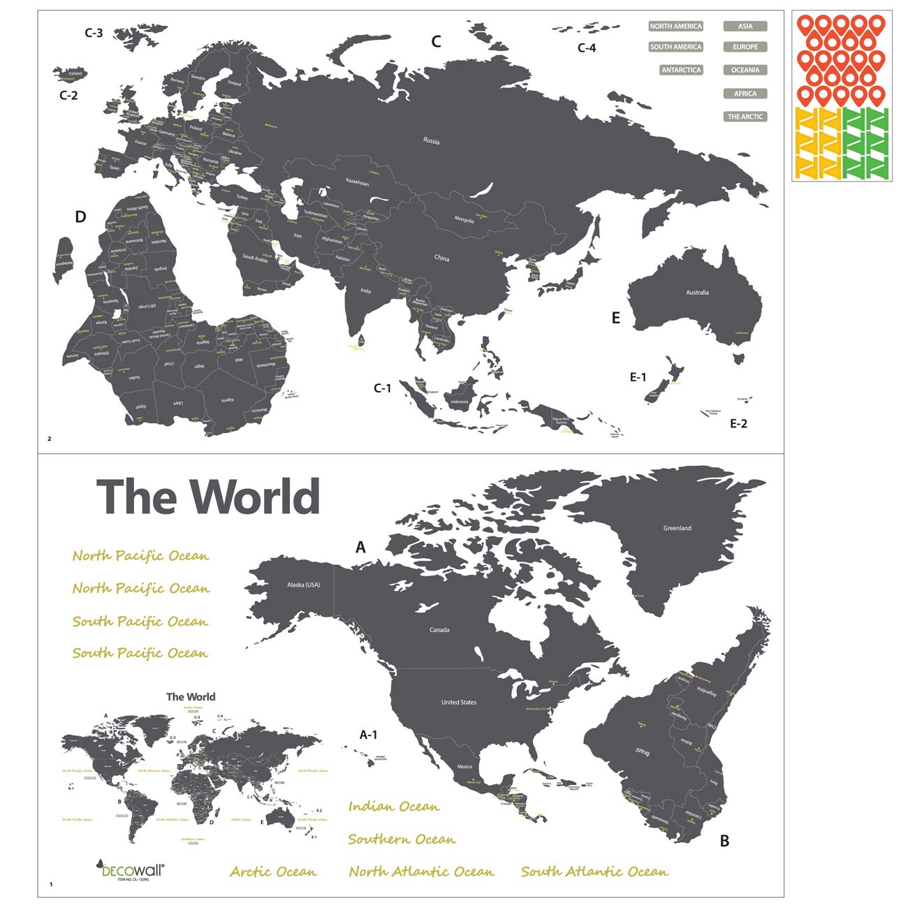 DECOWALL DL2-1509G Large Modern Grey World Map Kids Wall Stickers (46x27 inch) Wall Decals Peel and Stick Removable Wall Stickers for Kids Nursery Bedroom Living Room Decor