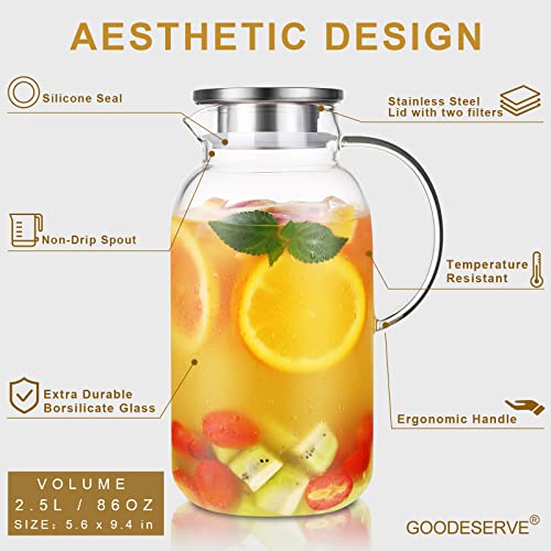 Glass Pitcher - Water Pitcher - Fridge Glass Pitcher with Lid Ice Tea Maker - 86OZ 18/8 Stainless Steel - Easy Clean Heat Resistant Borosilicate Glass Jug for Juice,Milk, Cold or Hot Beveragesā¦