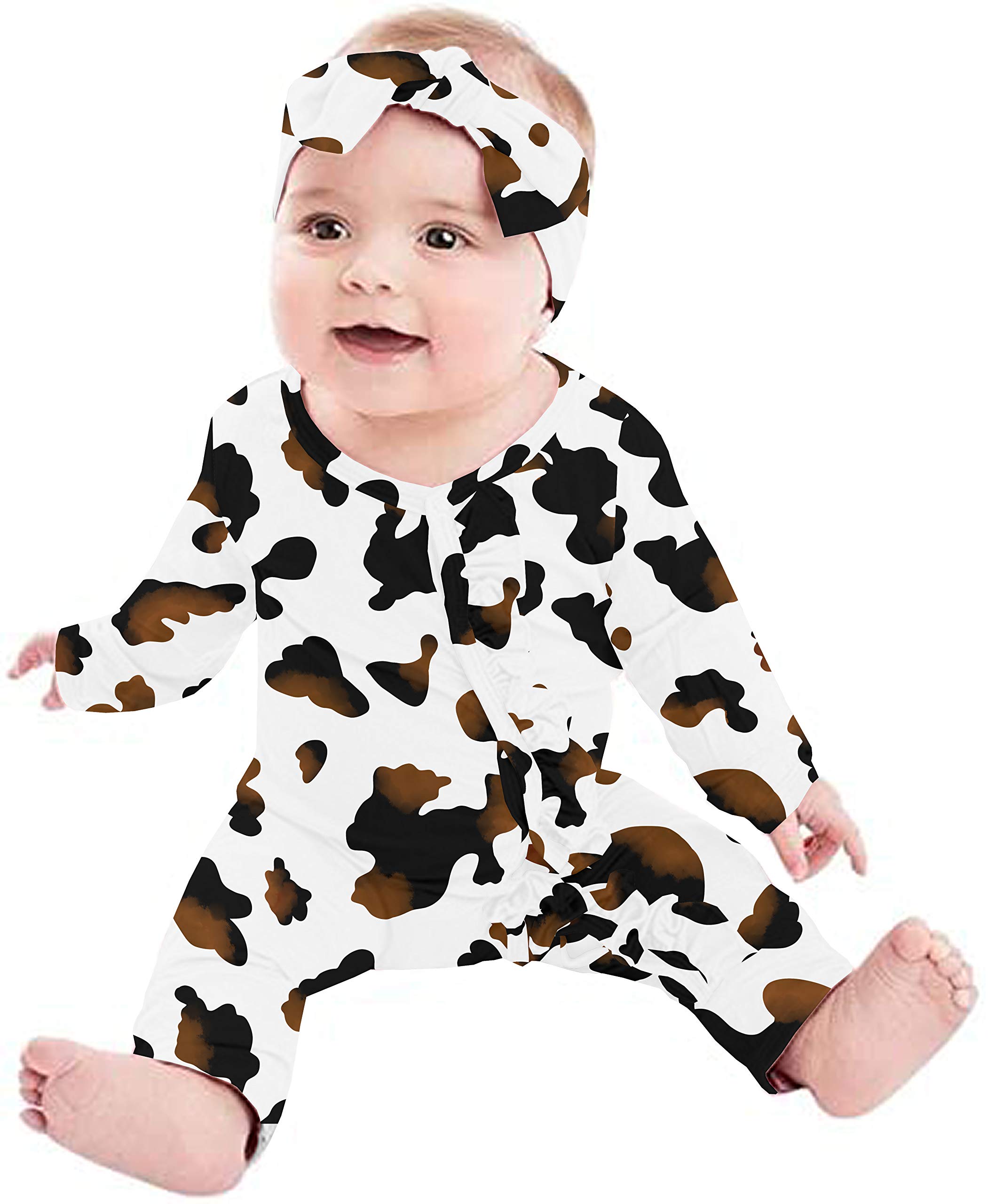Newborn Baby Romper Clothes One Piece Toddler Unisex Creepers Romper ,Infant Tie Dye Print Zipper Front Kids Jumpsuit Rompers Clothes (Coffee Cow Print, 0～3Months)