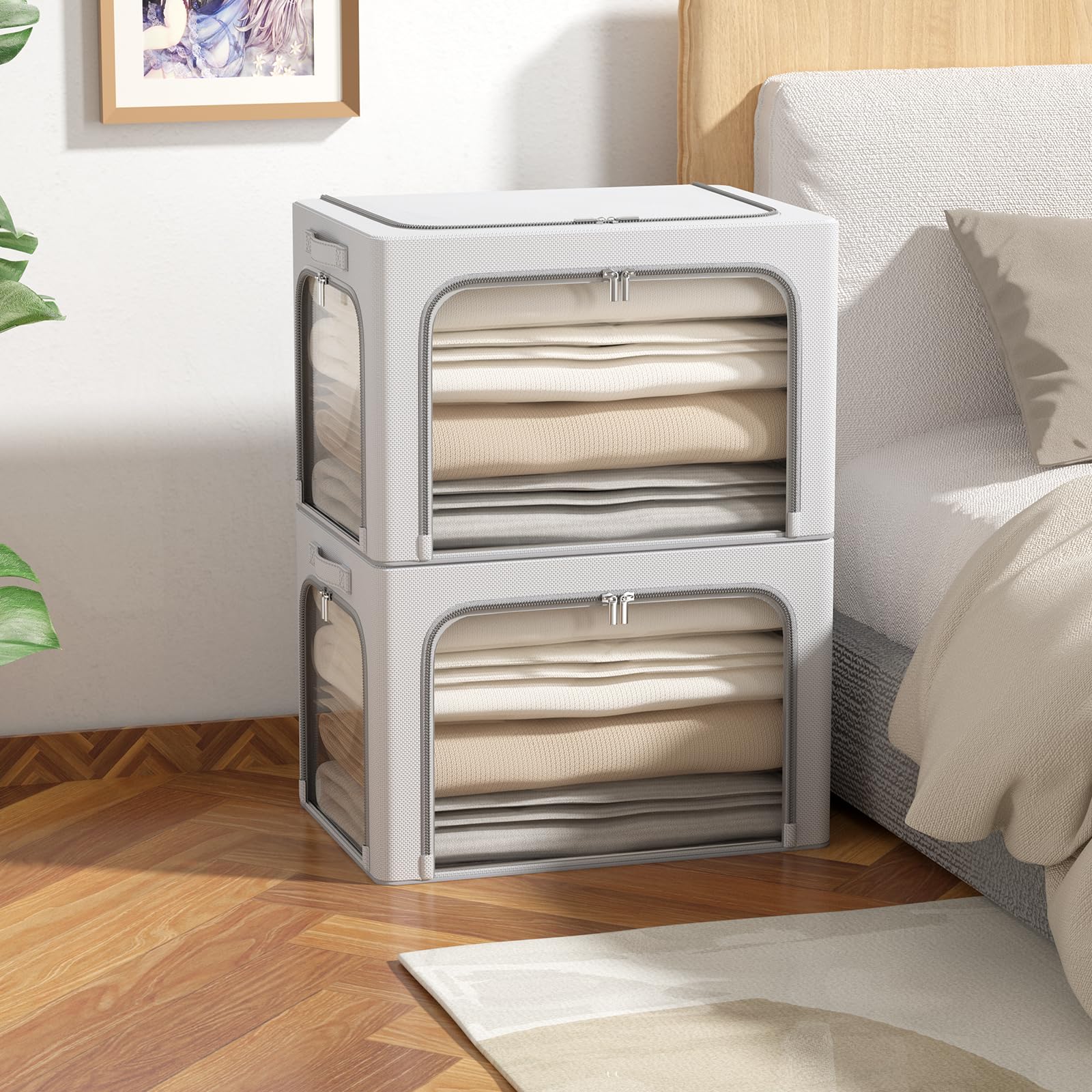 3Pack Clothes Storage Bins - Oxford Frame Storage Box Foldable Stackable Storage Organizer with 3 Openings Design, Metal Frame, Clear Window, Carry Handles (36L-15.7 * 11.8 * 11.8in, Grey)