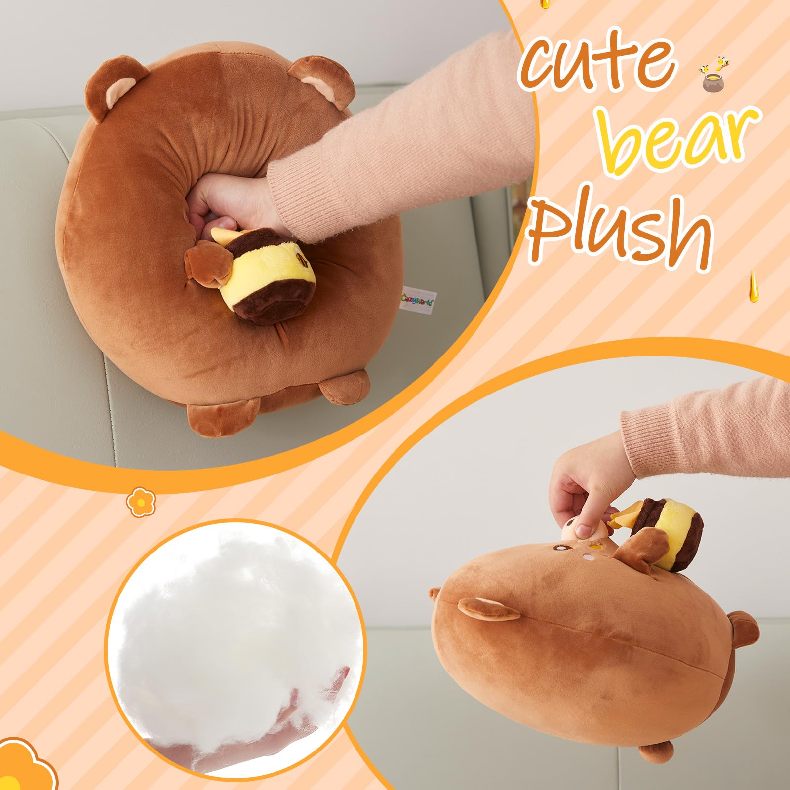 CozyWorld 12“ Honey Bear Plush Pillow,Teddy Bear Plush Stuffed Animal Gifts for Girlfriend Kids,Ultra Soft Snacks Plush Toy,Brown Bear with Honey Pot