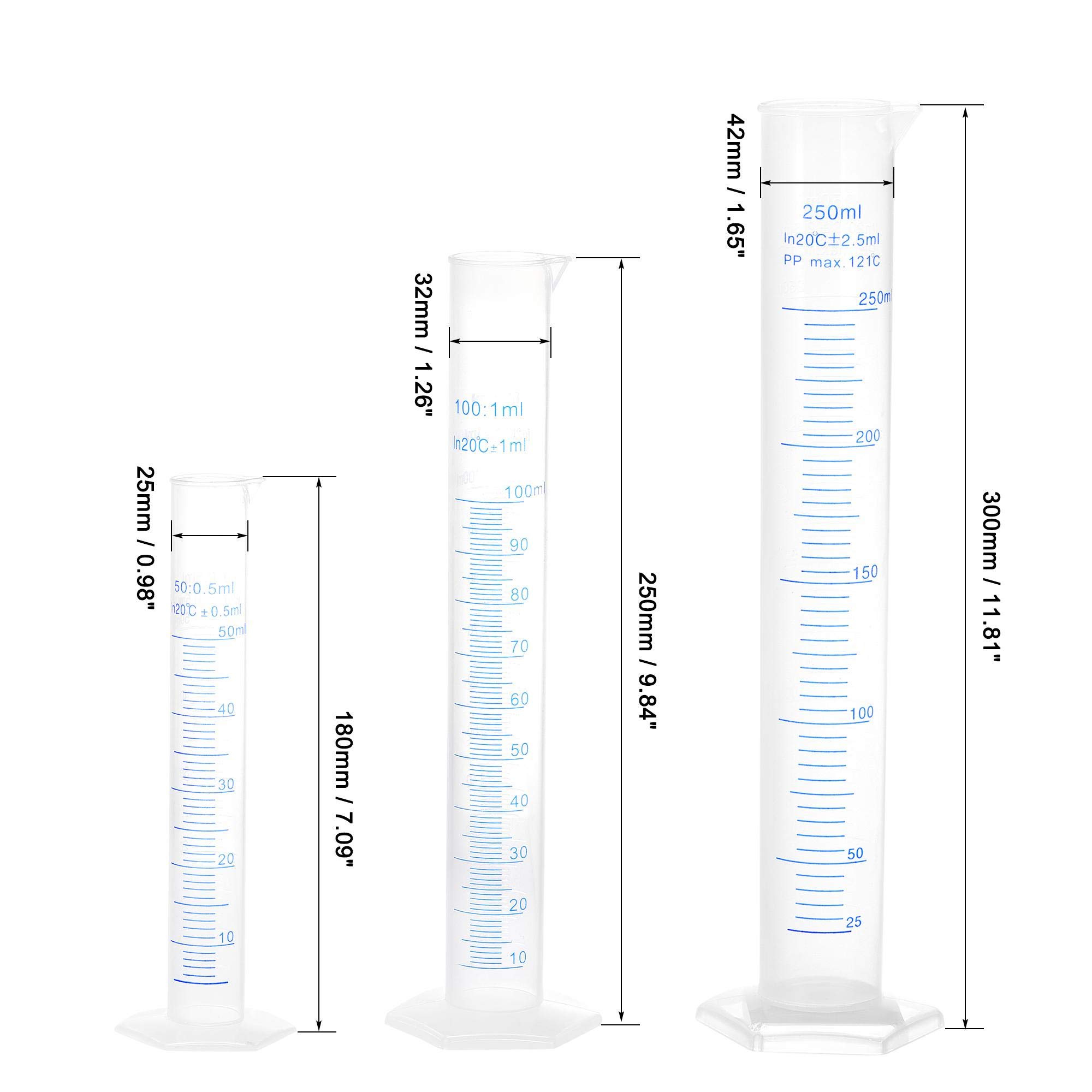 uxcell Plastic Graduated Cylinder, 50ml 100ml 250ml Measuring Cylinder, Double-Sided Metric Marking, Clear Hex Base, 3 in 1 Set