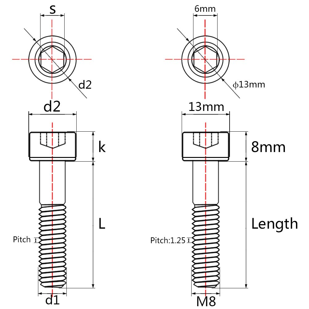 Wanyifa Titanium Ti M8 x15 20 25 30 35 40 45 50 60m 1.25mm Pitch Hex Allen Socket Head Bolt Screws Pack of 4 (Square Head M8x60mm, Black)