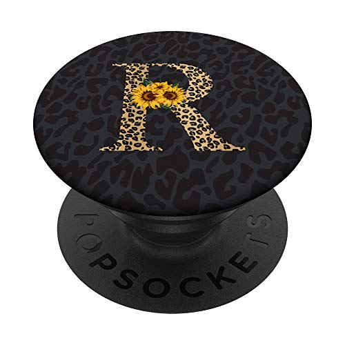 Leopard Cheetah Animal Print Sunflower Monogram Letter R PopSockets Swappable PopGrip