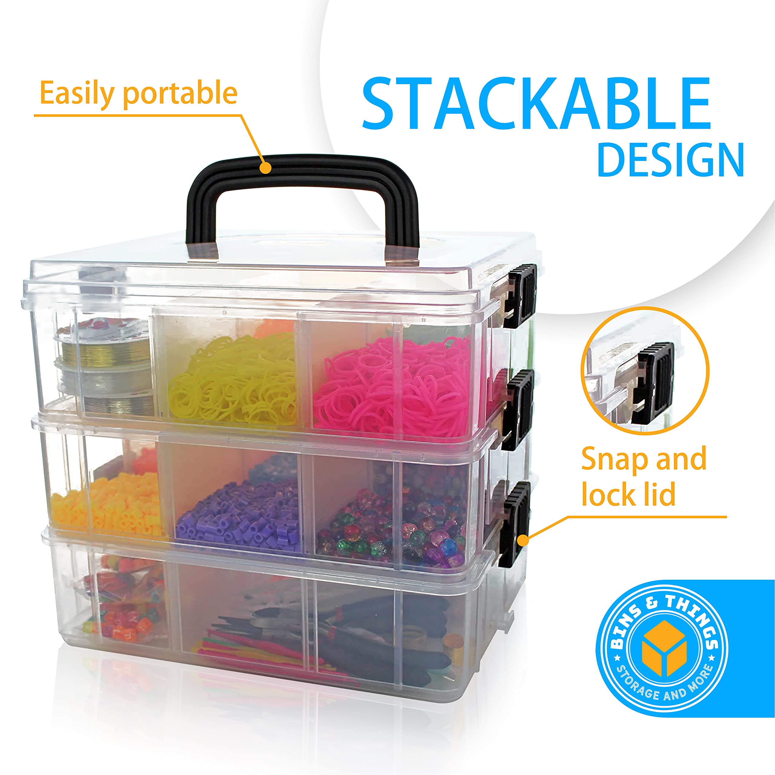 Bins & Things Ultimate Bundle Set of Stackable Storage Containers with 18 Adjustable Comaprtments Case and 2 Tray Case - Craft Storage/Craft Organizers and Storage - Art Supply Organizers.
