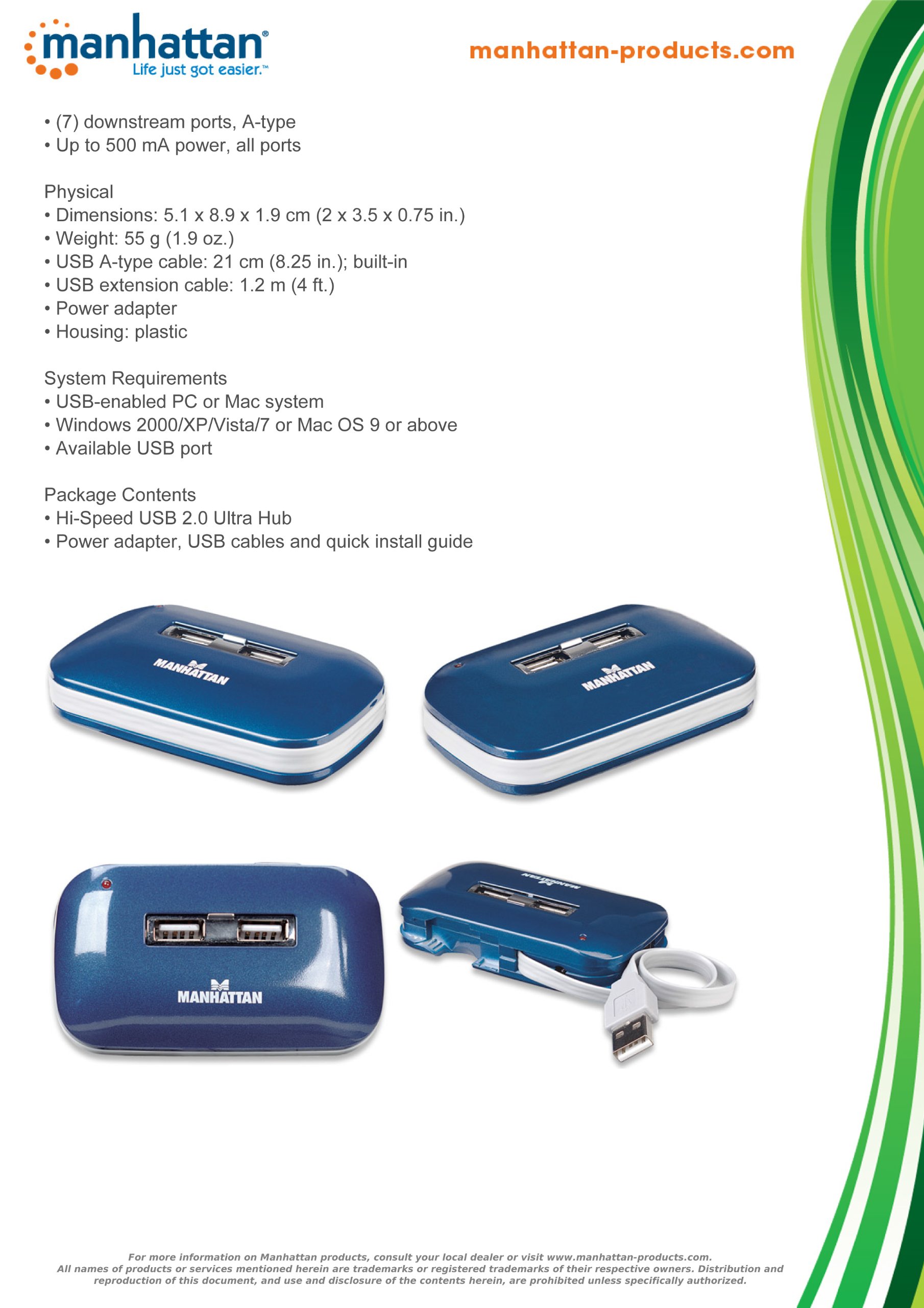 Manhattan 7-Port USB 2.0 Ultra Hub, Plug and Play C Windows and Mac Compatible (161039)