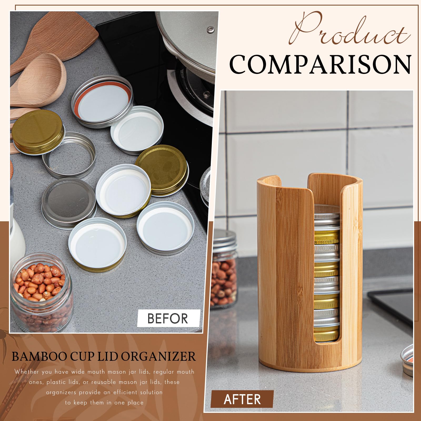 Suclain 2 Pcs Mason Jar Lid Organizer(One for Wide Mouth and One for Regular Mouth), Vertical Mason Jar Lid Storage Mason Jar Accessories Tumbler Lid Holder Bamboo Cup Lid Organizer