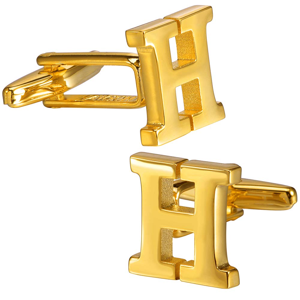 A-Z Cufflink for Men, Personalized Initial 26 Letter Cuff Links in Gold Color for Wedding Business Party - H