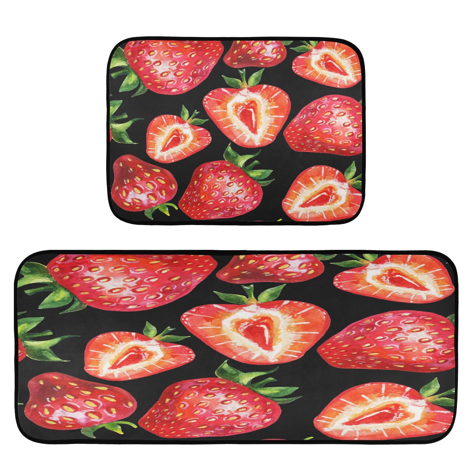 ALAZA Strawberry Red Black 2 Piece Kitchen Rug Floor Mat Set Runner Rugs Non-Slip for Kitchen Laundry Office 20" x 28" + 20" x 48"