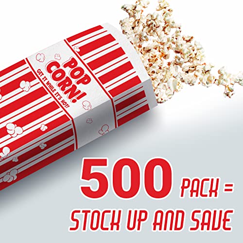 Leak-proof, Grease Resistant Popcorn Bags 500 Pack. Tear Resistant, Single Serving 2oz Paper Sleeves in Nostalgic Red/White Design. Great Movie Theme Party Supplies, Retro Carnivals & Fundraisers