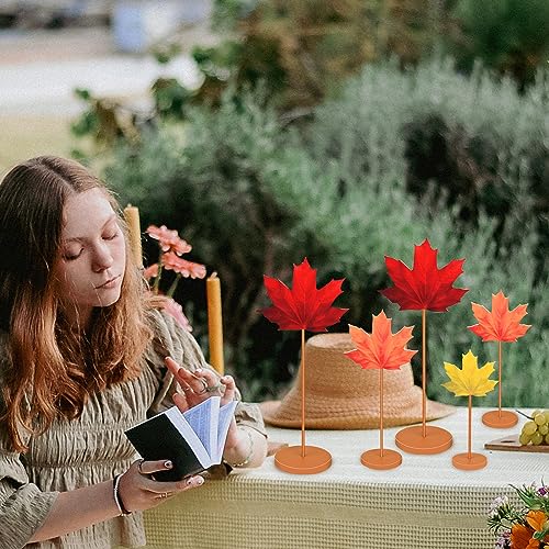 6 Pcs Fall Standing Decor for Tabletop Maple Leaves Wooden Table Sign Thanksgiving Centerpiece Rustic Block Set Wood Tiered Tray Decoration for Farmhouse Home Kitchen