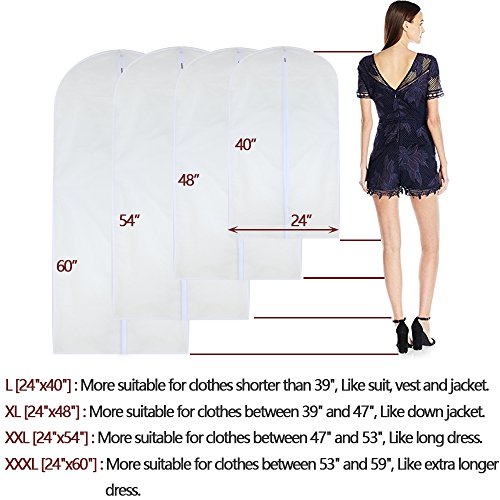 Garment Bag Clear 24'' x 54'' Long Dress Garment Bags White Breathable Full Zipper Dust Cover for Clothes Storage Closet Pack of 6