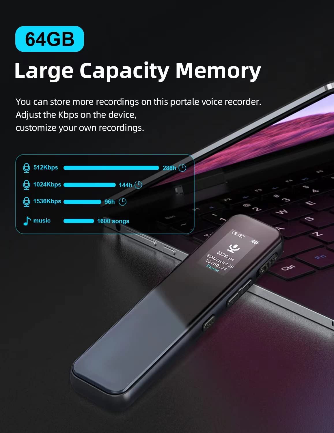 64GB Digital Voice Recorder, Voice Activated Recorder with 4624-Hours Recording Capacity, Audio Recorder with Playback 1536Kbps HD Recording for Lectures/Meetings/Classes,Dictaphone Noise Cancellation