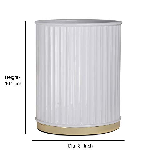nu steel PAN8H Panache Collection Ceramic Wastebasket, Round Trash Can for Bathroom, Bedroom, Dorm, College, Office, 8" L x 10" H x 8" W, White Gold Finish