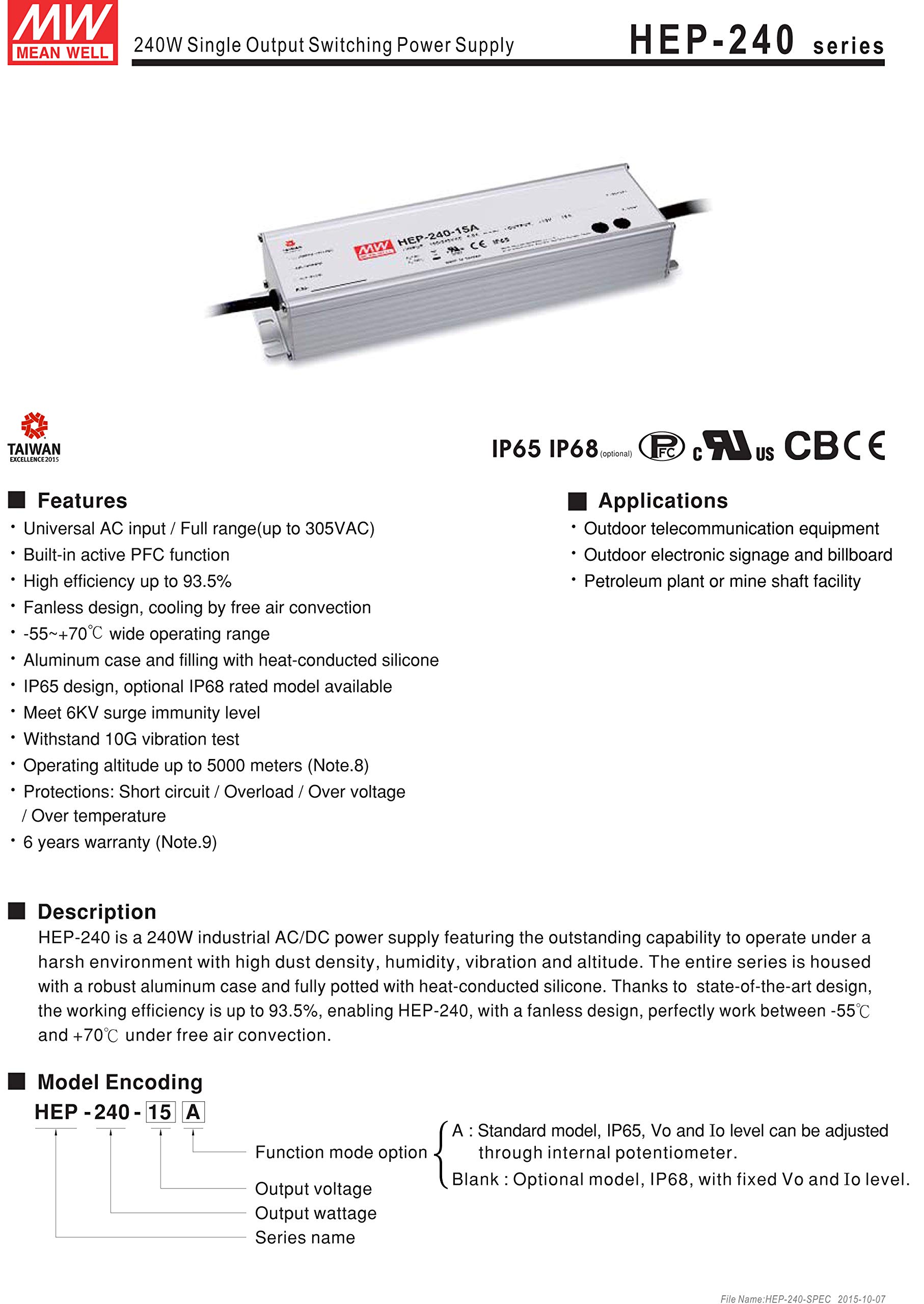 MEAN WELL HEP-240-12A 12V 16A 192W Single Output Switching Power Supply Harsh Environment