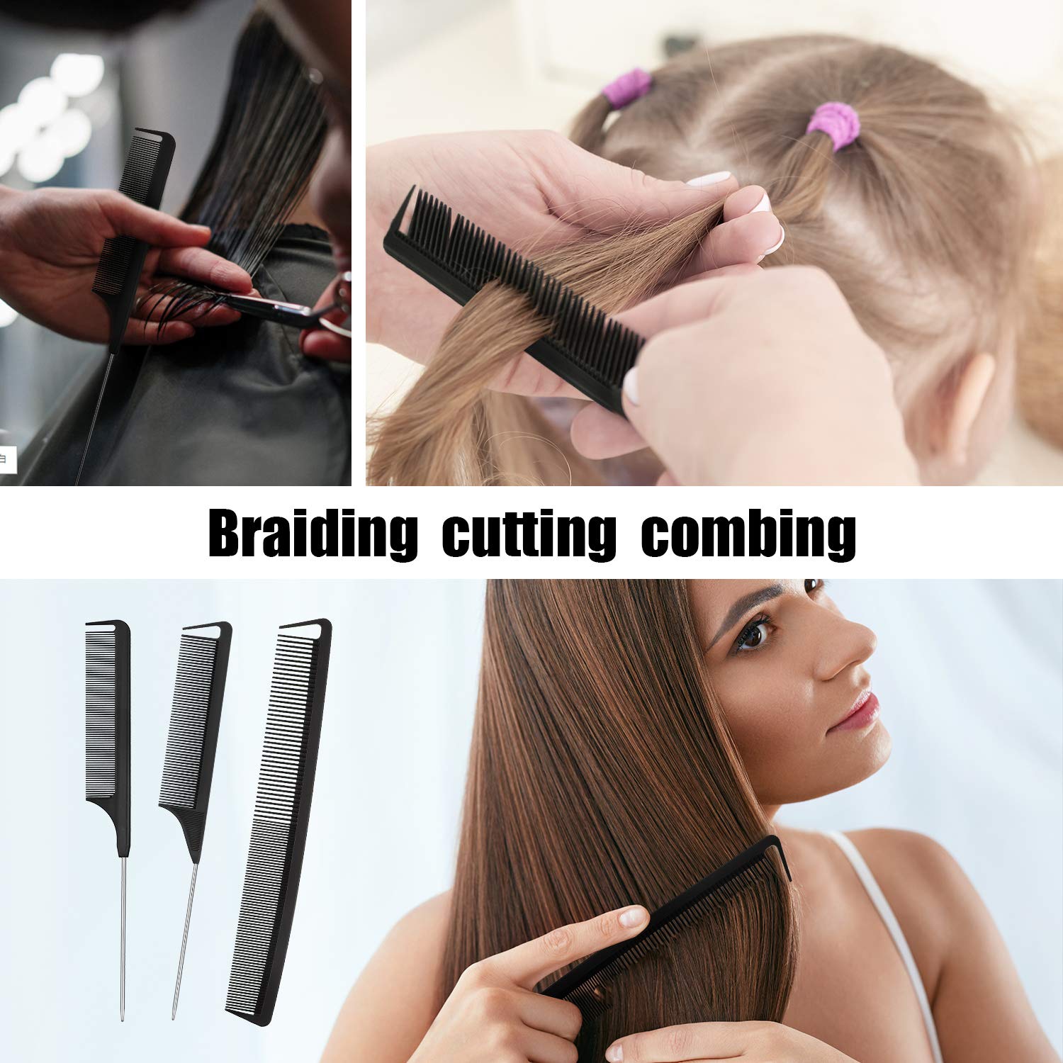 Patelai 12 Pieces Parting Comb for Braids Rat Tail Steel Pintail Fine Teeth Heat Resistant Teasing Combs with Stainless Steel Pintail(Black)
