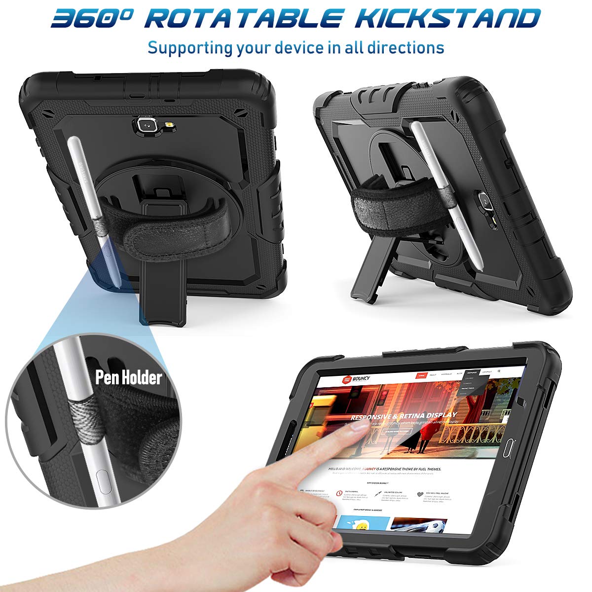 Timecity Case for Samsung Galaxy Tab A 10.1 inch 2016 Release, SM-T580 T585 T587 Case, Heavy Duty Protection Case with Screen Protector, Stand, Hand Strap and Shoulder Strap Stylus Holder - Black