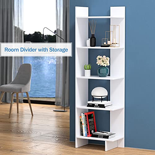 Tangkula 5-Shelf Bookcase, Room Divider and Display Shelf, Freestanding Decorative Storage Shelving, Wooden Bookshelf for Home Living Room Office Bedroom, Room Divider Bookshelf (White, 1)