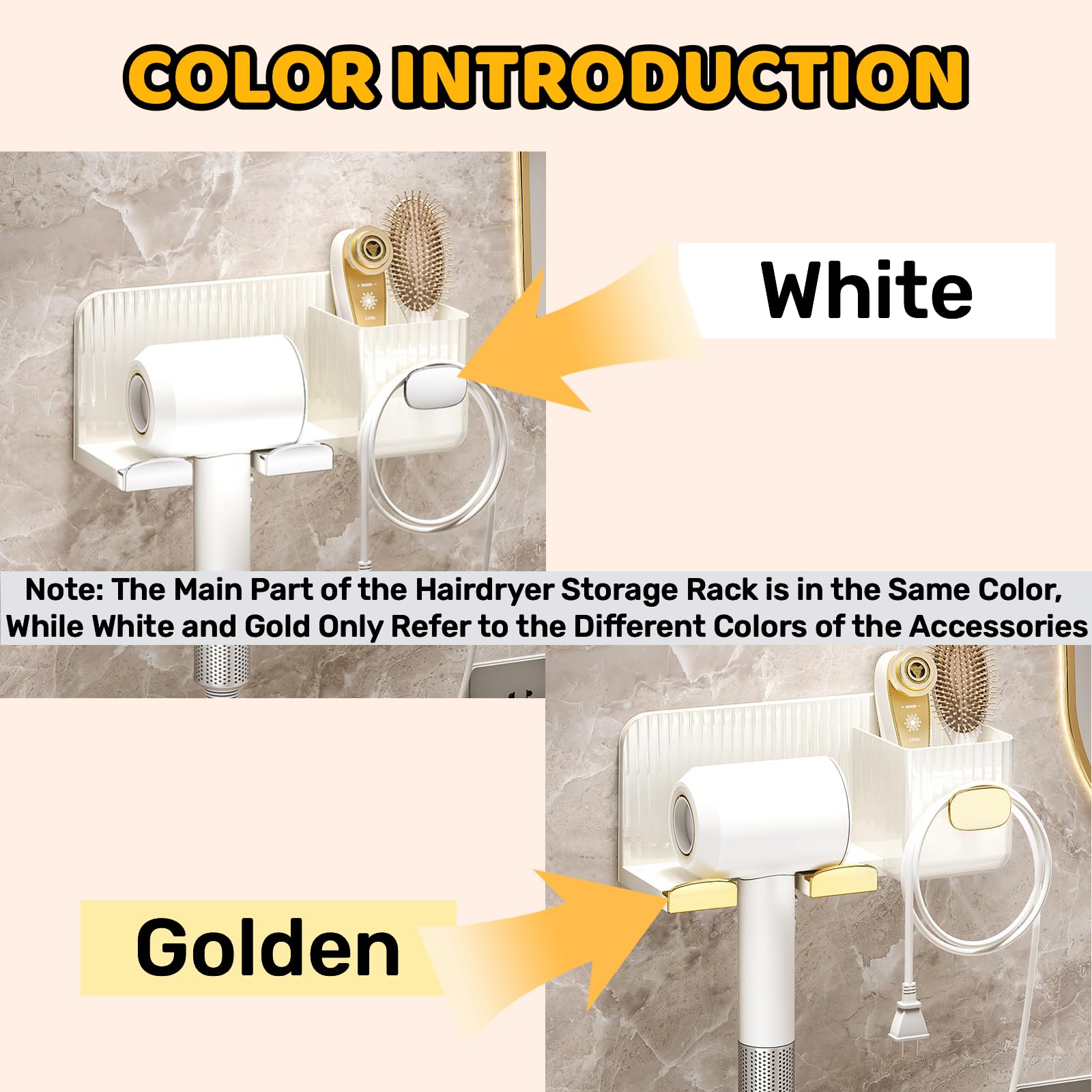Minimalism Hair Dryer Holder Wall Mount Self Adhesive Fashionable Hair Tool Organizer Bathroom No Drilling (Golden)