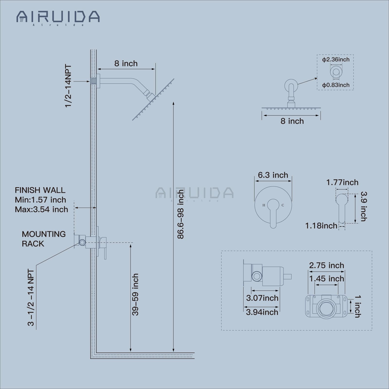 Airuida Matte Black Single Function Shower Trim Kit Shower Faucet Set Wall Mount 8 Inch Round Rainfall Shower Head and Handle Set Single Handle Shower System Set with Female Threads Rough-in Valve