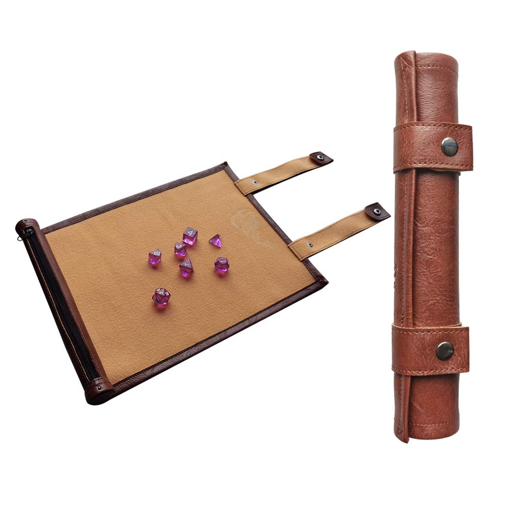 Scroll Dice Tray DIce mat Holder Storage Pouch Rolling Mat DND D and D Dungeons & Dragons Game Dice with Zippered Holds up to 14 Metal Plastic Polyhedral Dice Accessories (Brown)