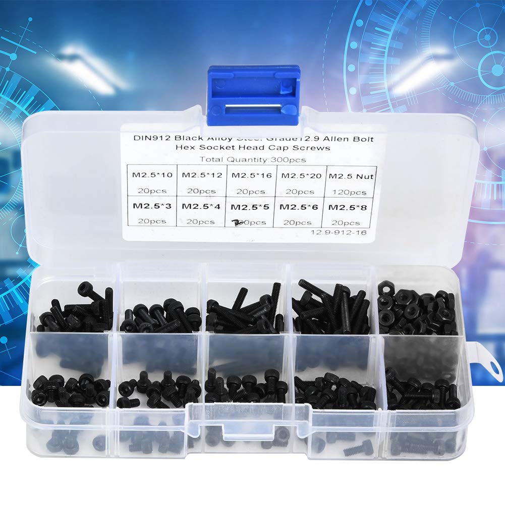 M2.5 x 3-20mm Alloy Steel Socket Head Screws, Black Screw Bolt with Nut, 300Pcs Socket Head Cap Screw Fastener for Professionals Amateurs