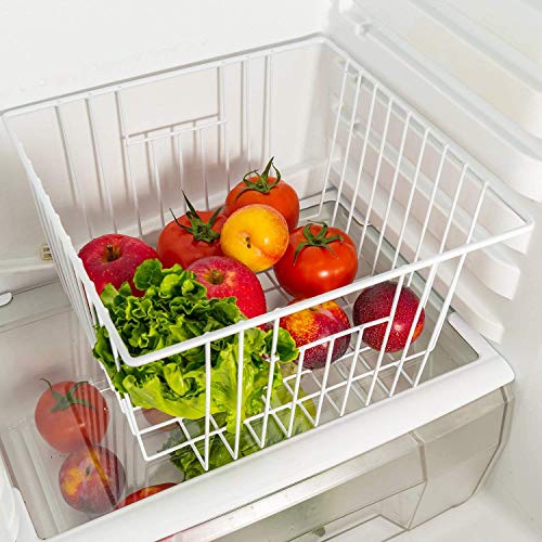 Freezer Organizer Bin, Kitchen Metal Wire Storage Basket, Pantry Cupboard Household Container Divider with Handles, Bathroom, Closet, Bedroom, Office, Rustproof - White(4)
