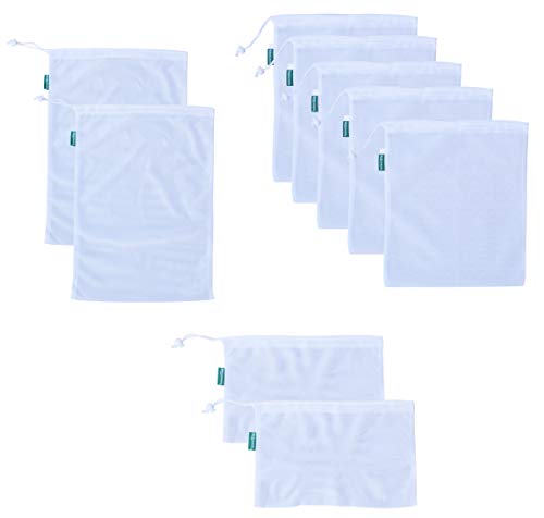 Earthwise Reusable Mesh Produce Bags - TARE WEIGHT TAGS on every bag Premium MACHINE WASHABLE Grocery Set of 9-3 Different Sizes 12x17in, 12x14in, 12x8in