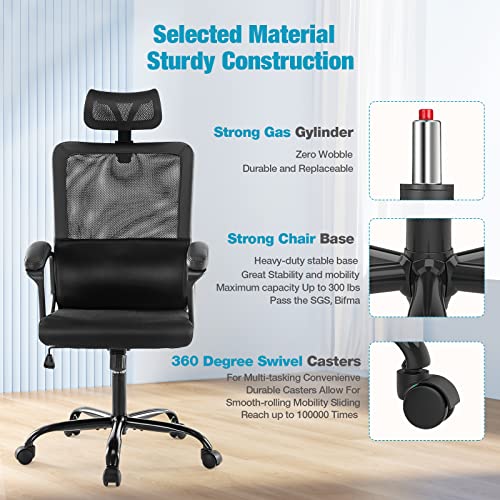 Ergonomic High Back Office Chair β Breathable Mesh Office Chair with Adjustable Headrest and Lumbar Support, Executive Chair with Padded Armrest, Height Adjustable Computer Task Chair Swivel Rolling