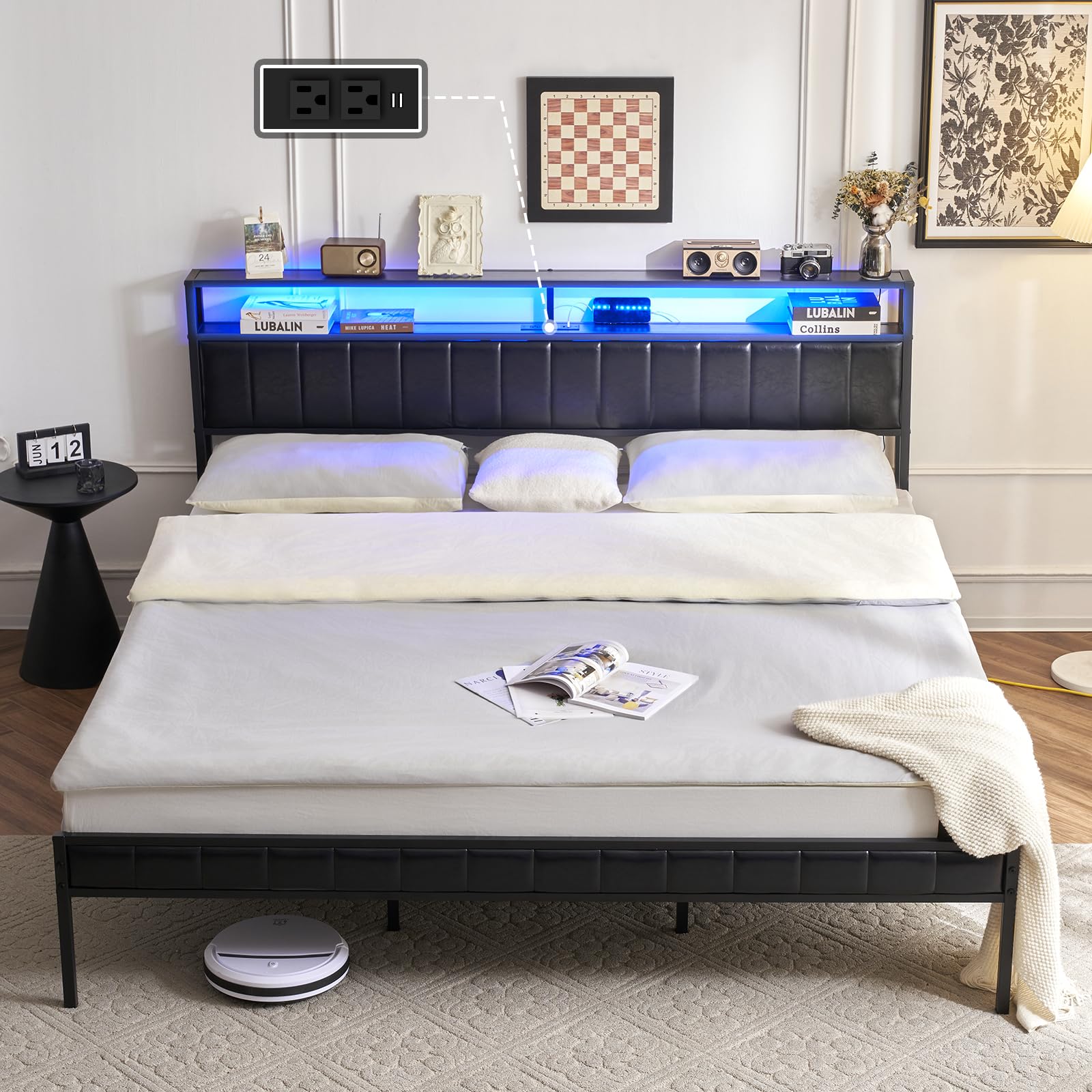 AMERLIFE King Size Platform Bed Frame, LED Bed Frame with PU Leather & Charging Station, 2-Tier Storage Headboard/No Box Spring Needed/Noise Free, Black