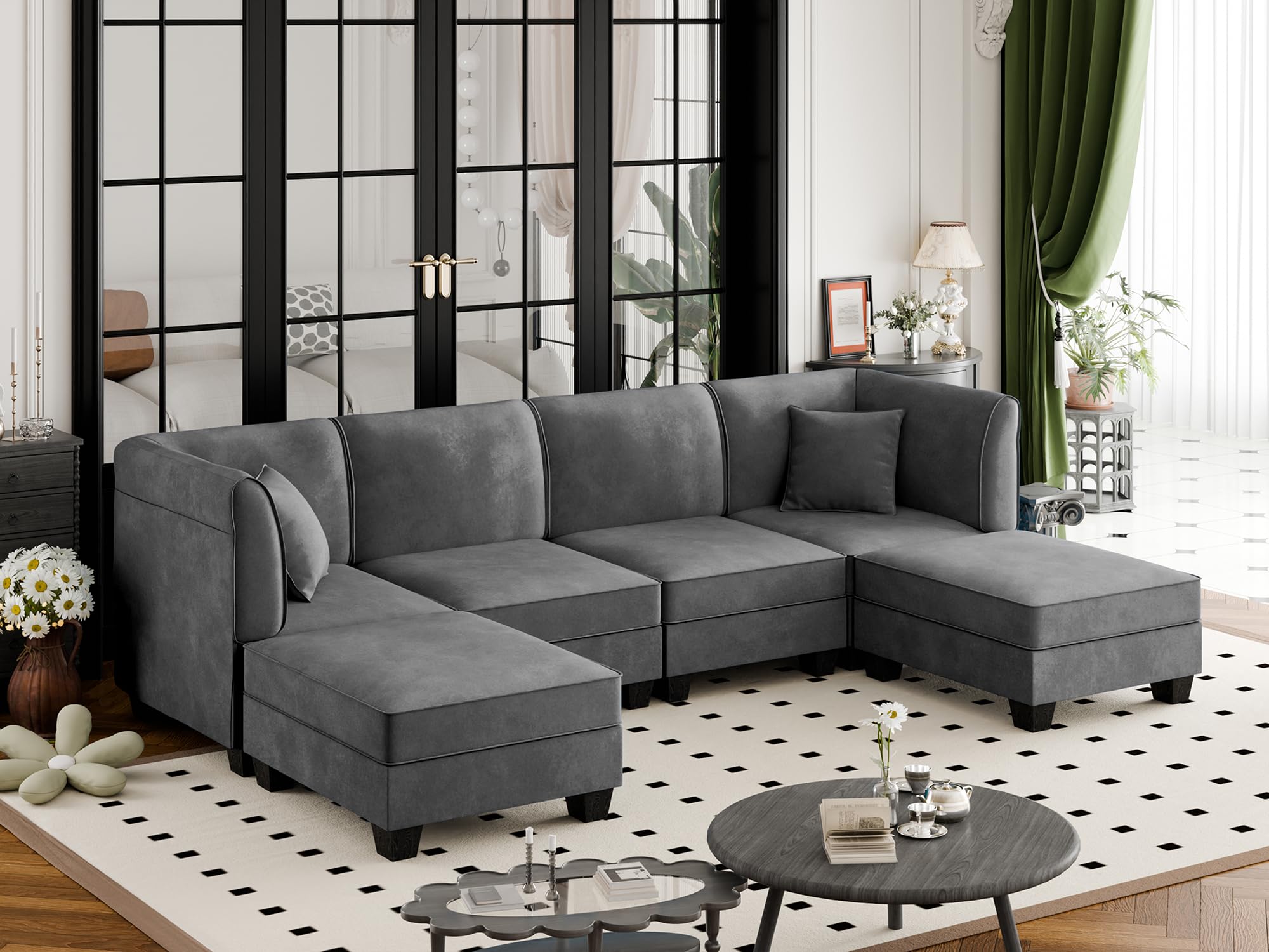 Vongrasig 6 Pieces Sectional Couch Modular Sofa with Reversible Chaise 116" Velvet U-Shaped Couch Sofa 6-seat Modular Large Sectional Couch with Ottoman for Living Room, Upholstered Cushion (Grey)