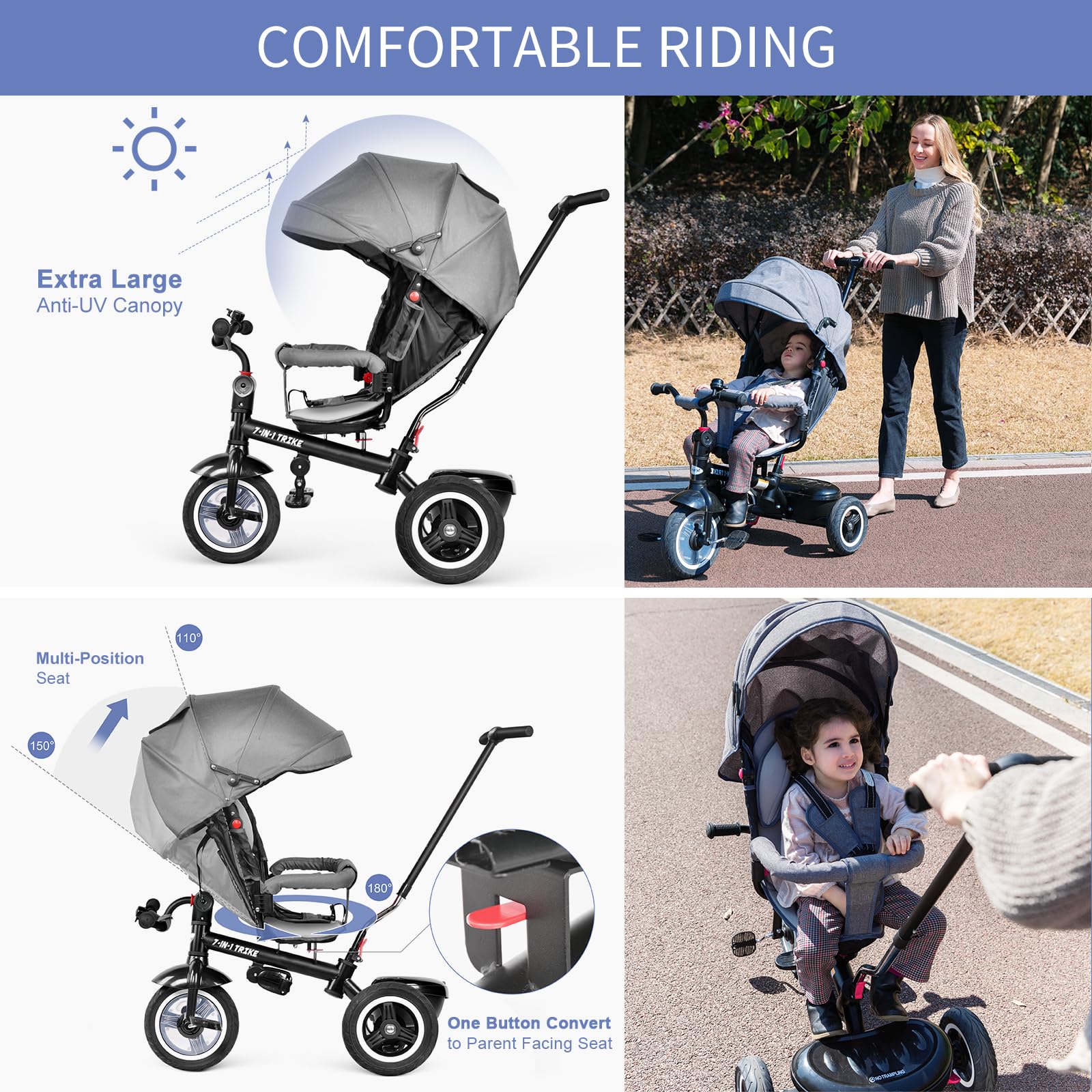 besrey Toddler Tricycle with Push Handle, Tricycle for toddlers 1-3, Baby Tricycle, Kids Tricycle, Tricycle Stroller with Push Handle, Trike for Toddlers, All Terrain Rubber Wheel, 360° Swivel Seat
