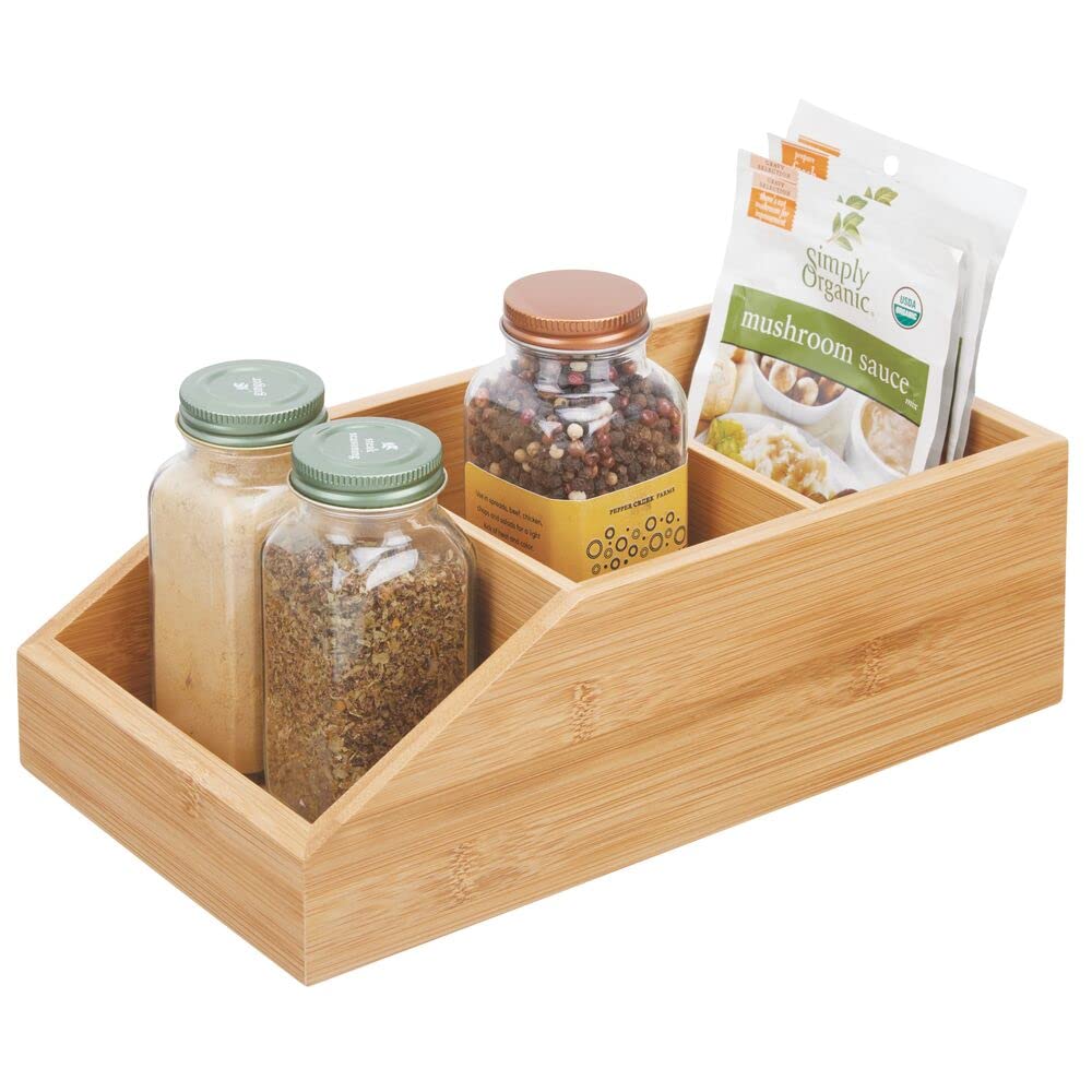 mDesign Bamboo Wood Food Storage Bin with Divided 3 Compartments and Sloped Front for Kitchen Cabinet, Pantry, Shelf to Organize Seasoning Packets, Powder Mixes, Spices, Snacks - 2 Pack - Natural