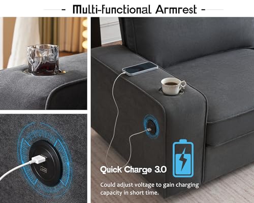 VanAcc Couch, 89 Inch Deep Seat Sofa with USB Charging Ports & Cup Holders, Modern Sofa Couch- Comfy Couch for Living Room (Charcoal Grey Chenille)