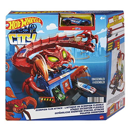 Hot Wheels Toy Car Track Set City Scorpion Flex Attack & 1:64 Scale Car, Bendable Tail Extends 2.5 Ft., Connects to Other Sets