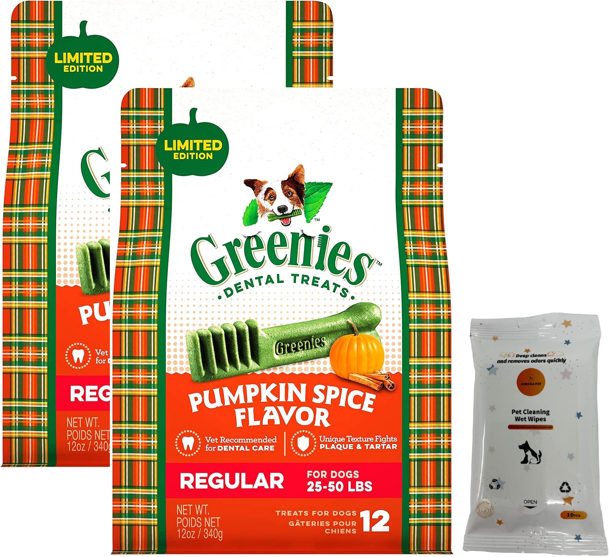 Aurora Pet Bundle (2) Pumpkin Spice Flavor Regular Size Dog Dental Treats (12-oz Bags) with AuroraPet Wipes