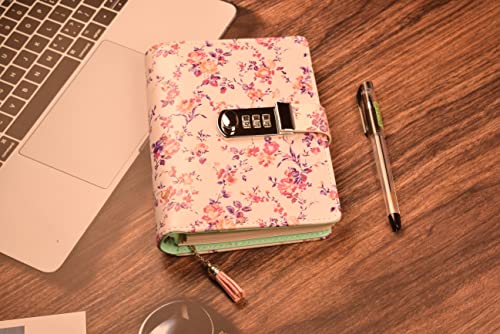 JunShop Floral Password Diary with Lock A6 Refillable Locking Journal PU Leather Combination Locked Diary Journal (Purple)