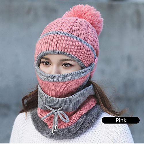 3pcs/Set Fashion Women Winter Knitted Hat Thickened Woolen Cap with Warm Mask and Neck Scarf ((Pink)