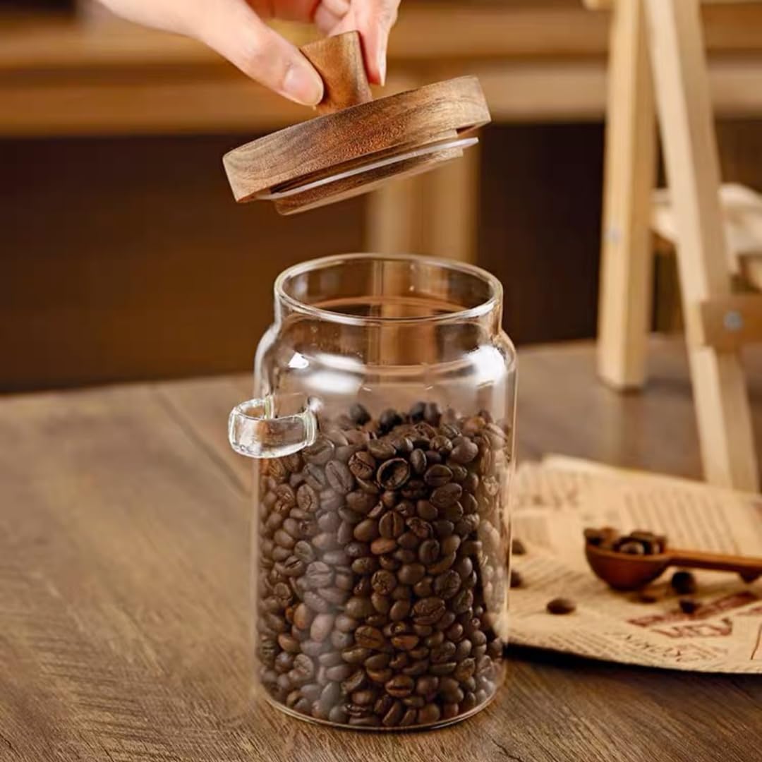 ANSQU Glass Jar with Wooden Lid & Spoon, 20.3oz Food Storage Containers Coffee Jar Coffee Grounds Container, Coffee and Food Storage Canister (1 Pack)