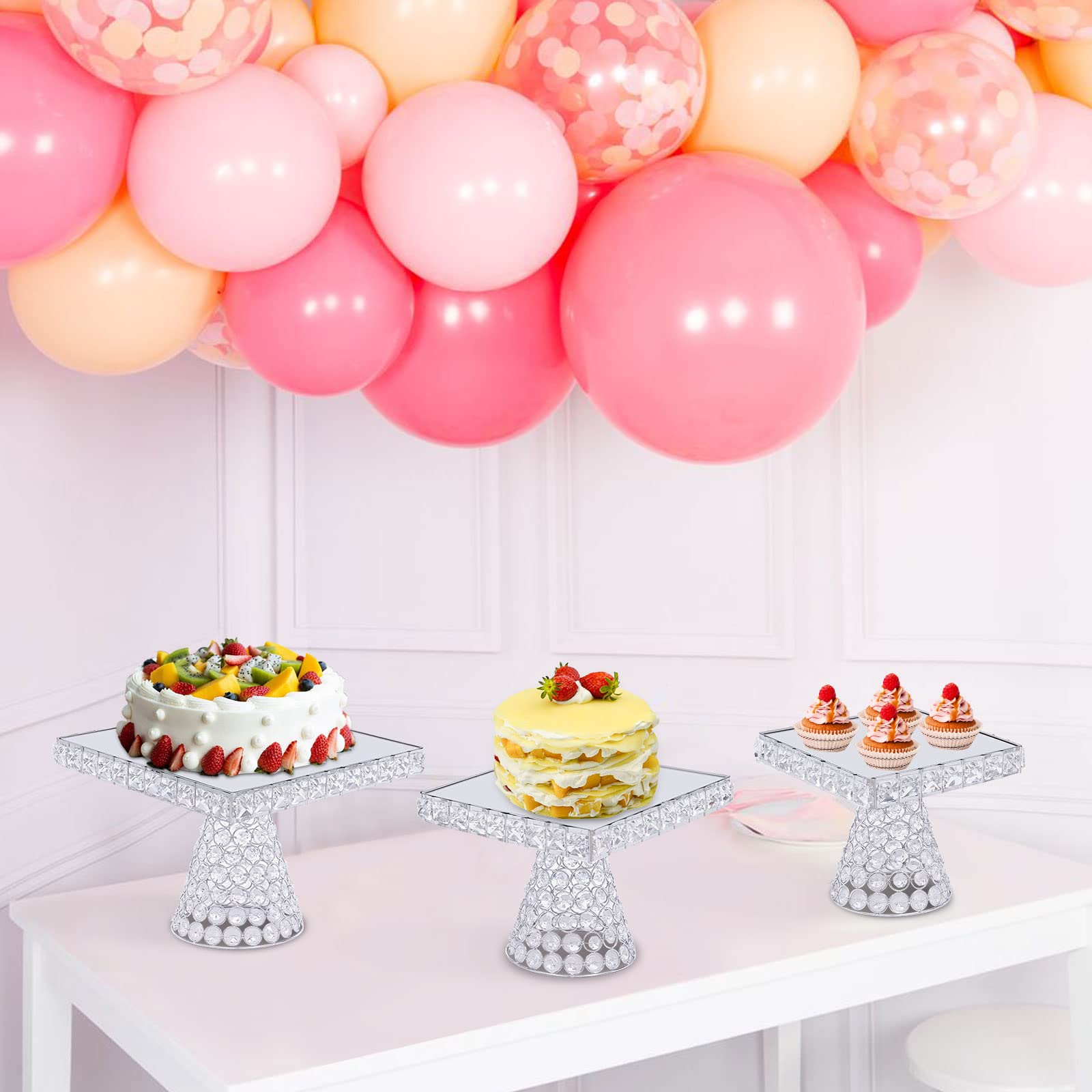 3pcs Crystal Cake Stand, Mirror Cake Tray Dessert Cupcake Pastry Candy Display Plate for Christmas Wedding Event Party Decoration (Silver)