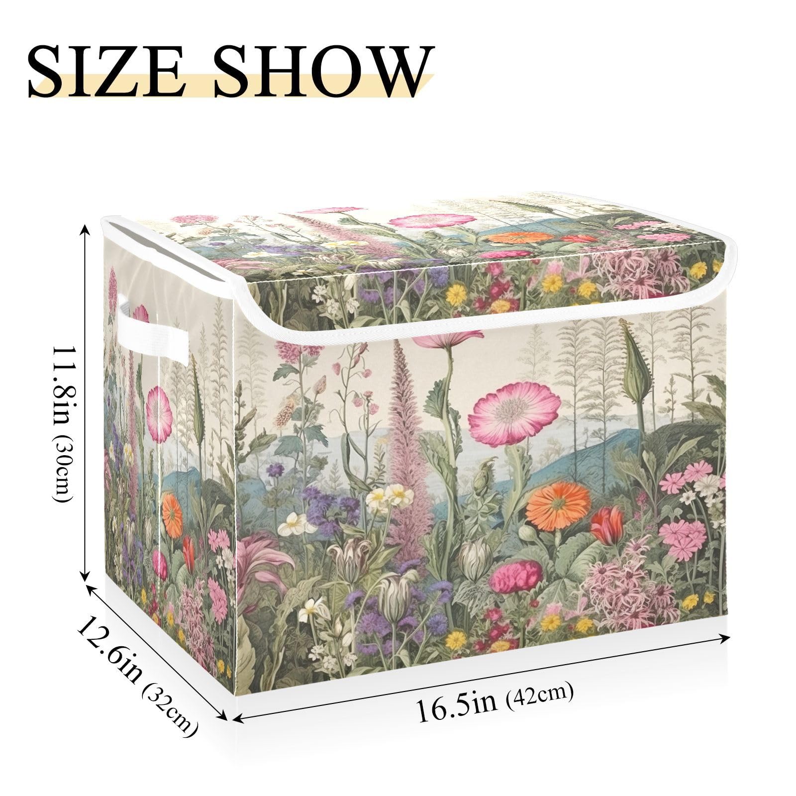 xigua Storage Basket Wildflowers Storage Boxes with Lids and Handle, Large Storage Cube Bin Collapsible for Shelves Closet Bedroom Living Room, 16.5x12.6x11.8 Inch