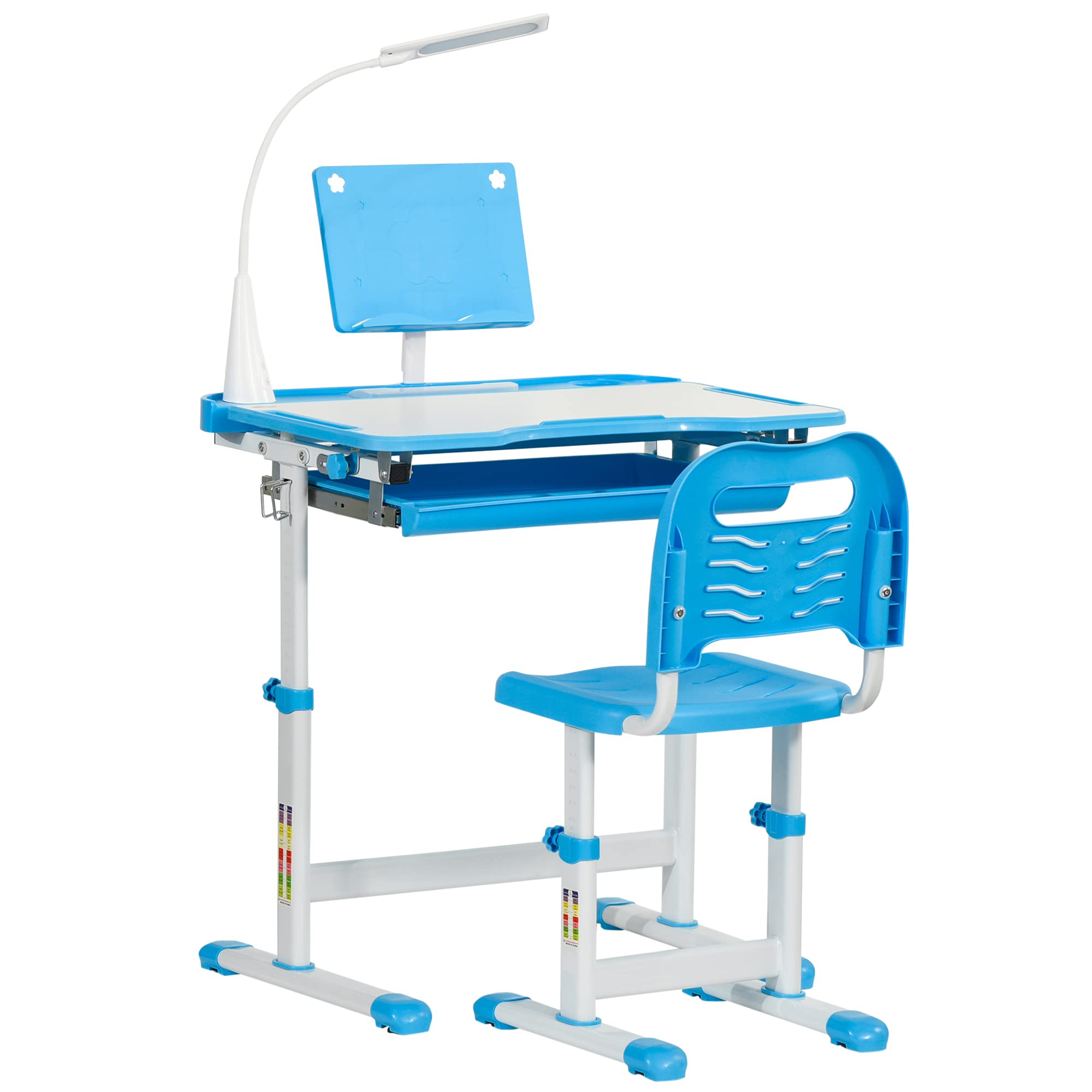 Qaba Kids Desk and Chair Set, School Study Desk with USB Light, Storage Drawer for Writing, Activities, Arts, or Crafts, Blue and White