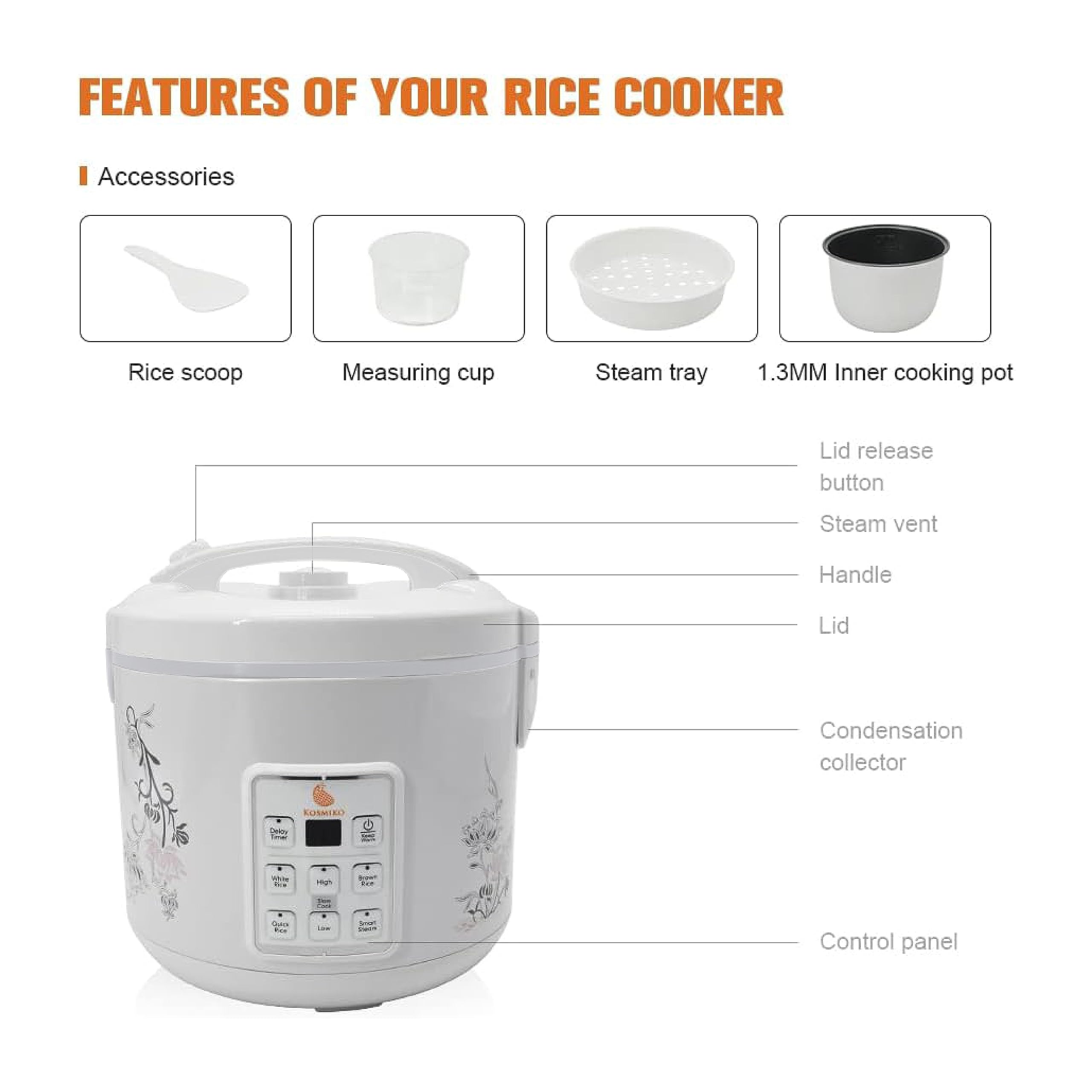 KOSMIKO Rice Cooker 20 Cup Cooked (10 Cup Uncooked)– Instant Pot Vegetable Steamer for Kitchen – Multipurpose Food Steamer for Rice, Meat, Veggies – Easy to Use and Elegant Design – Programable