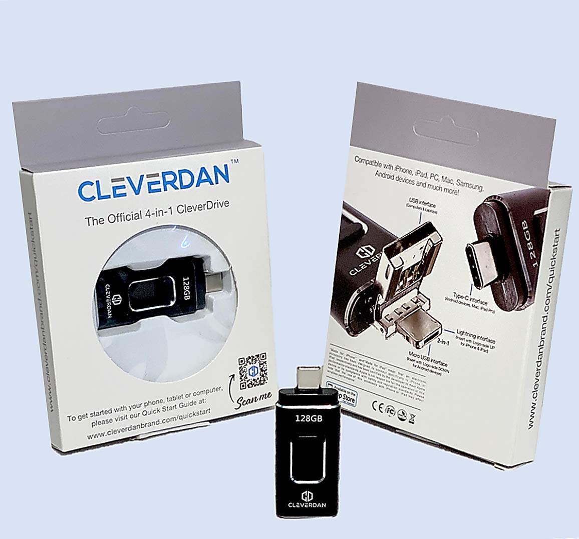 4-in-1 Android and iPhone 128GB Photo Stick USB 3.0 Flash Drive - Compatible with All Your Devices! iPhone iPad Samsung Pixel LG PC Mac (Easy Backup & External Storage + Certified iOS App) Cleverdan