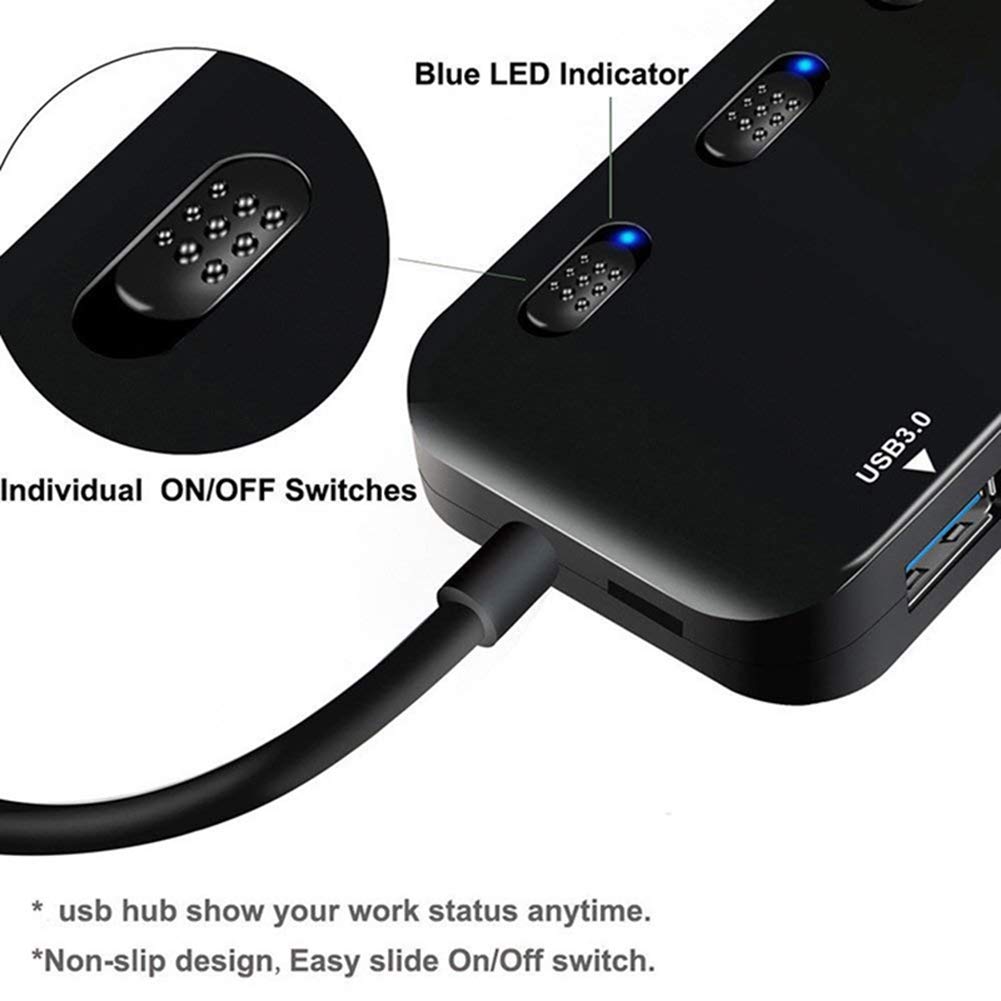 USB 3.0 Hub Splitter - USB Extender 4 Port USB Ultra Slim Data Hub with Individual Power Switch and LED for Laptop, Computer, PC, Thumb Driver and More